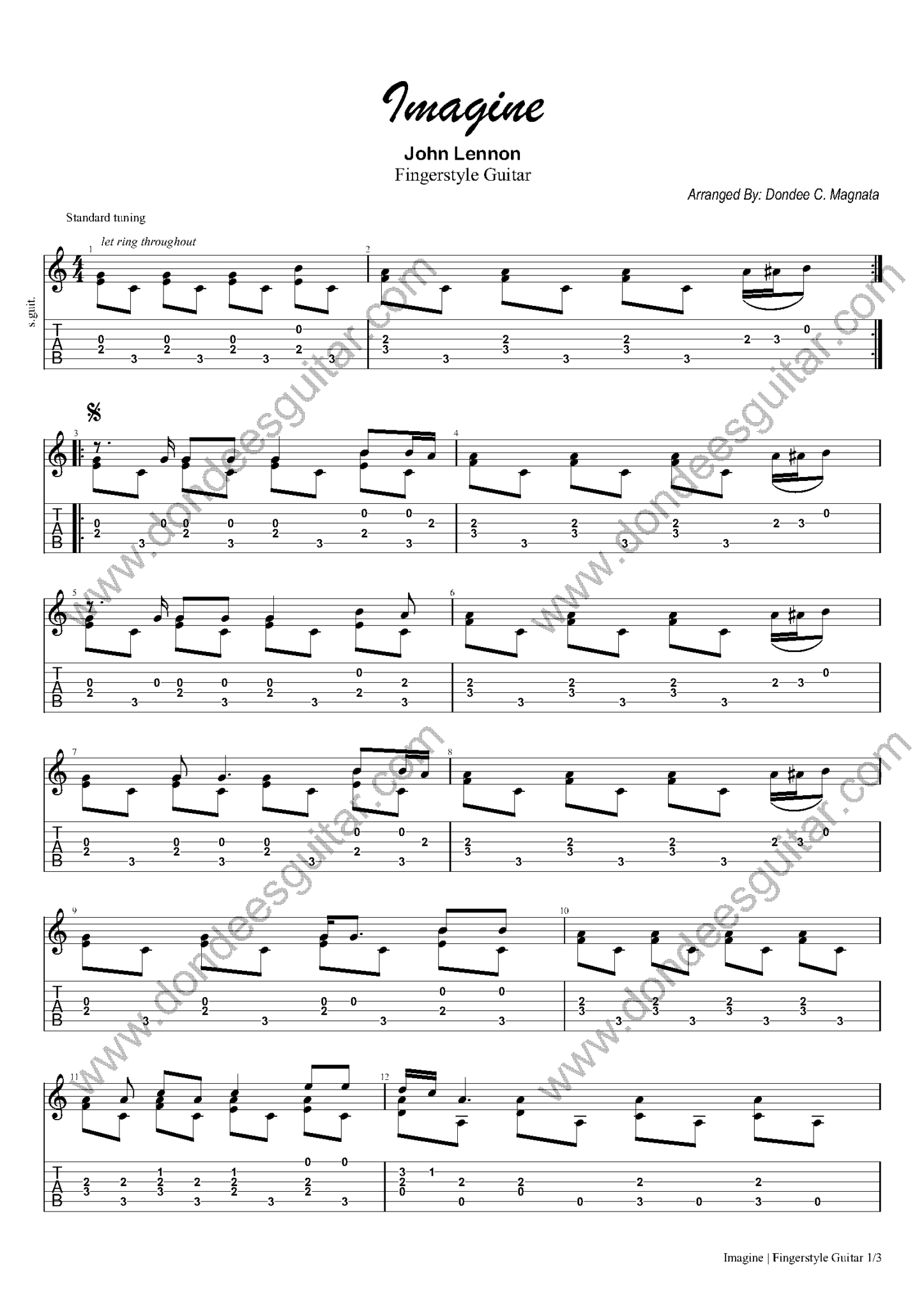 Imagine Fingerstyle Tabs - John Lennon | Arrangement by Dondee's Guitar